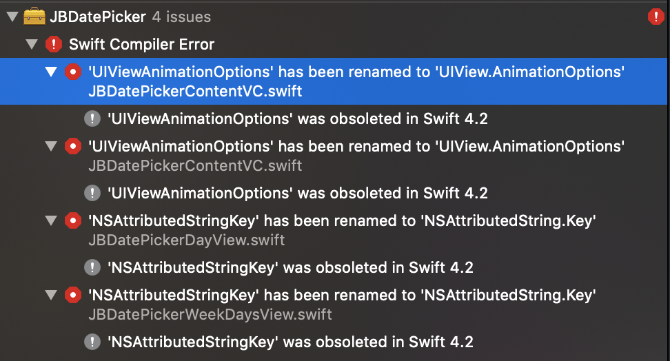 Could not build Objective-C module 'JBDatePicker' という警告文の解決法が分かりません。