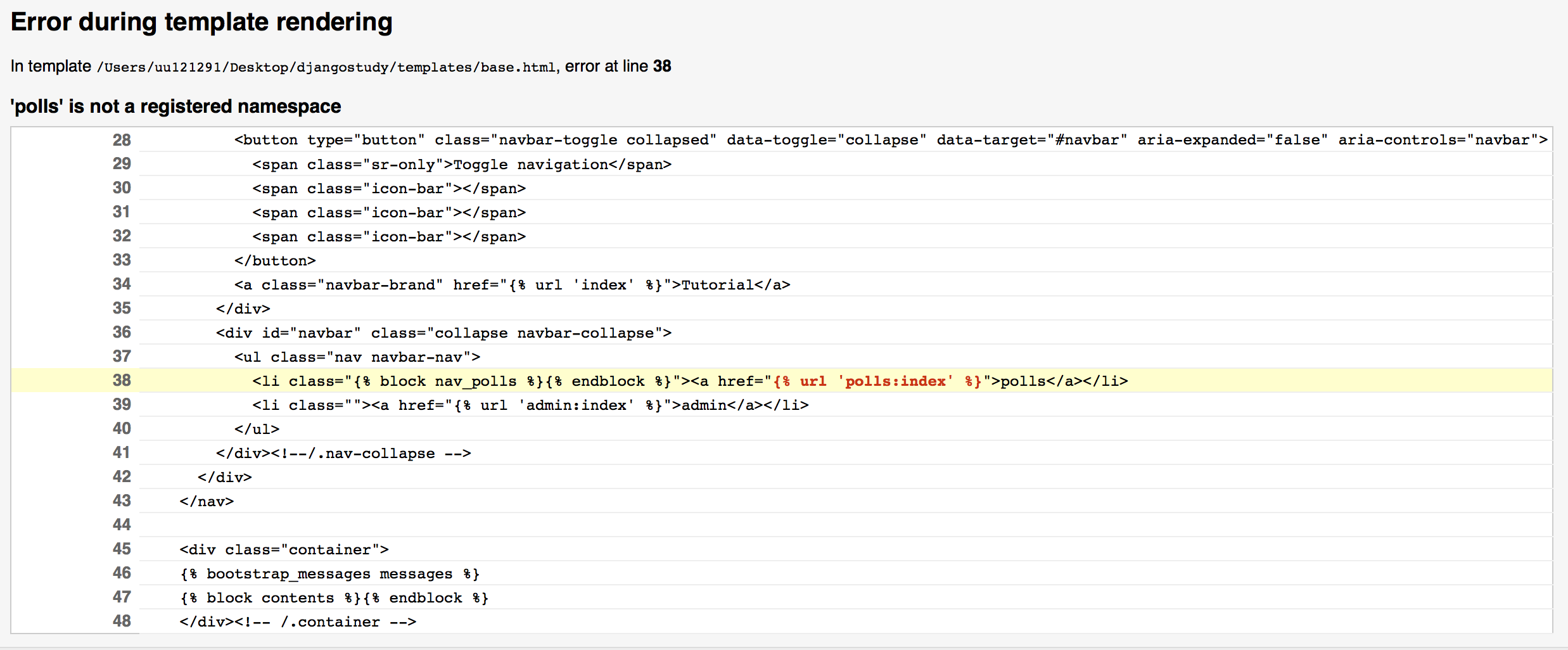 NoReverseMatch at /polls/ 'polls' is not a registered namespace