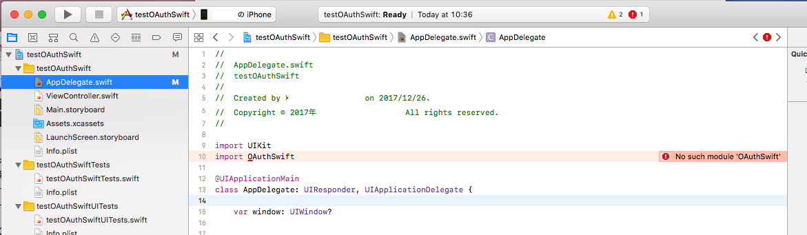 xcode9.2のswift3.2でNo such module 'OAuthSwift'