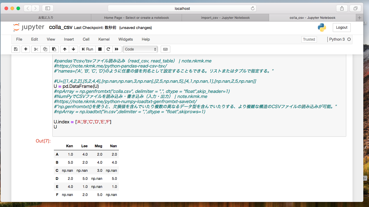 pythonのjupyter notebookでcsv読み取りはできましたが,それのピアソン相関を求めようとすると,何も表示されなくなりました.