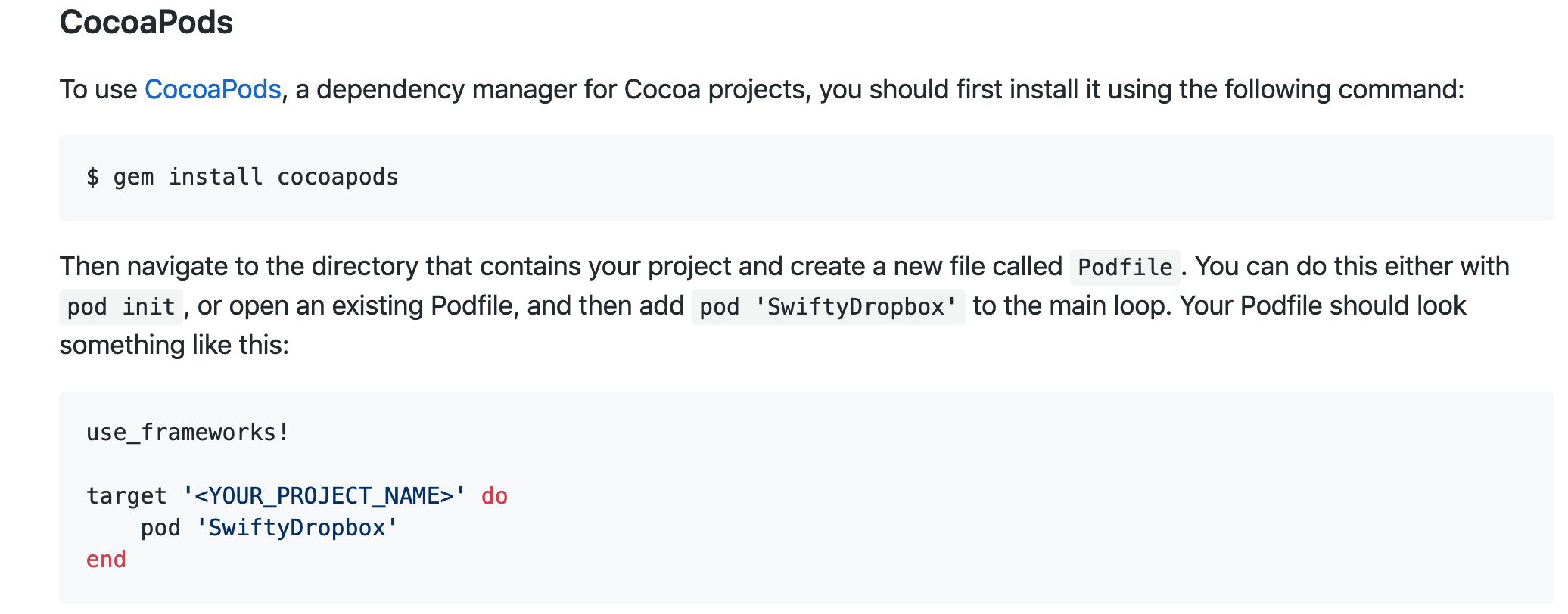 Swift DropboxのCocoapodsのPodfileの場所が分からない。