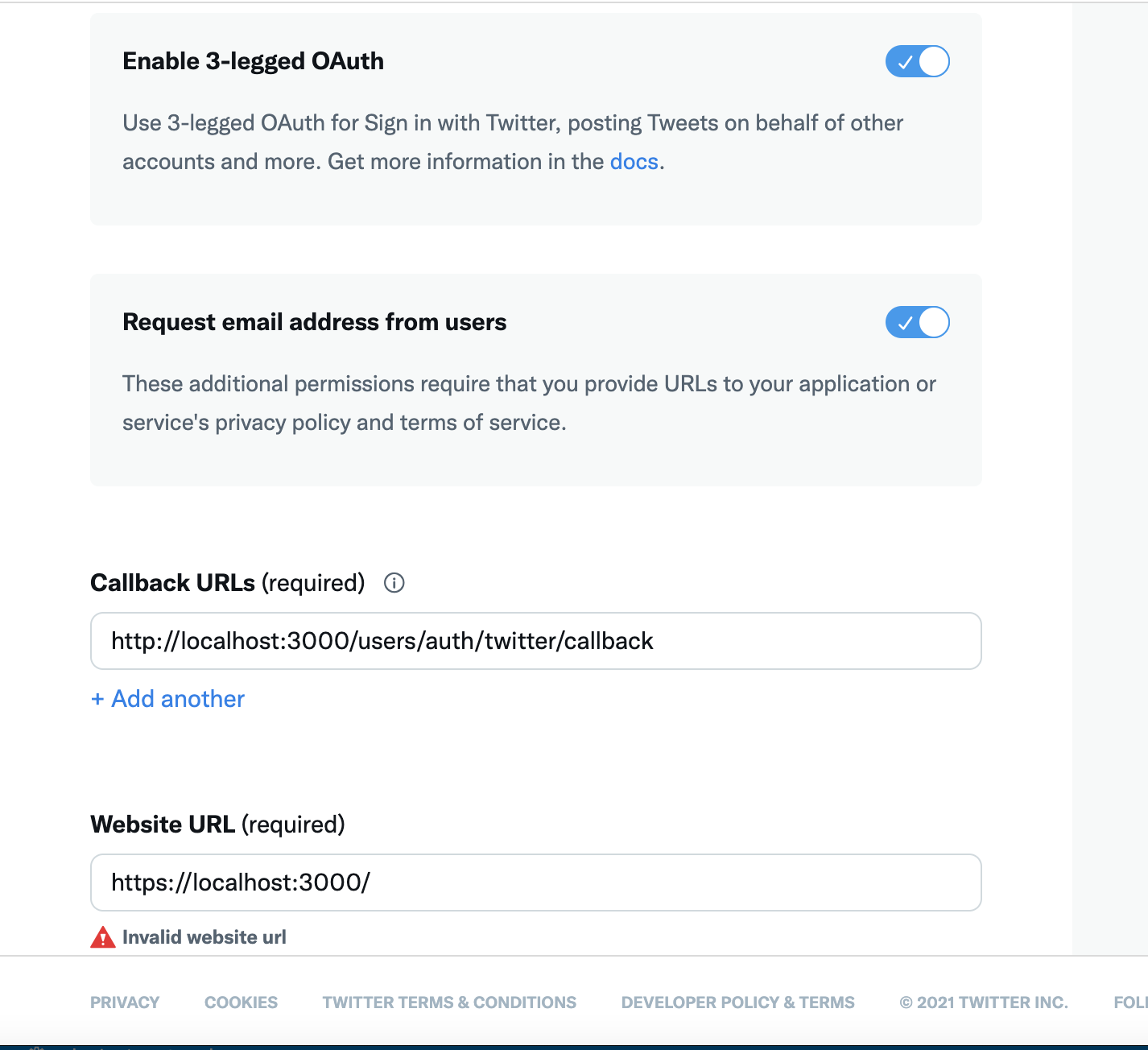 TwitterでCallback URLsを設定したいが"Invalid website url"と言われる