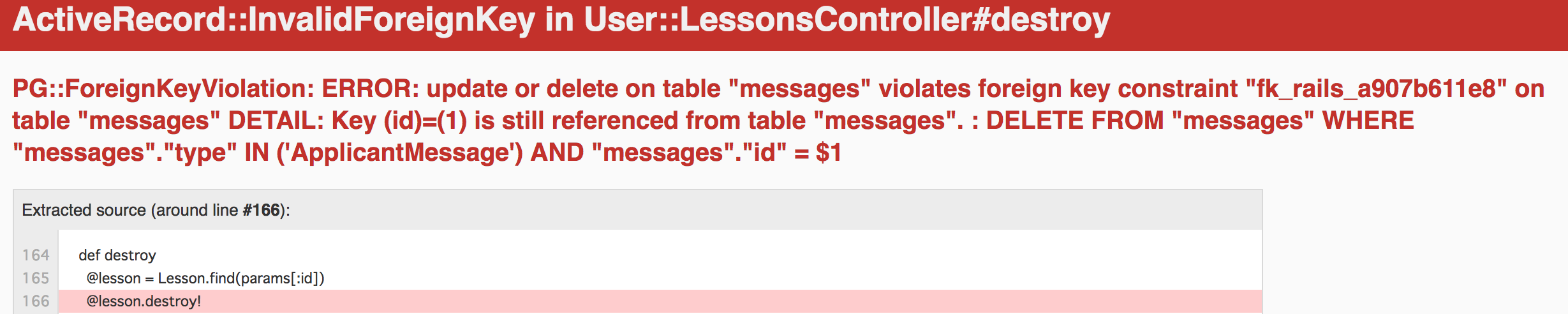 Rails : ForeignKeyViolationがdependent destroyで解決できない