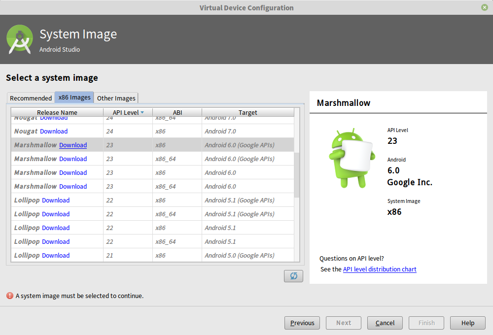 Android StudioでAndroid6.0のシステムイメージが選択できない | teratail