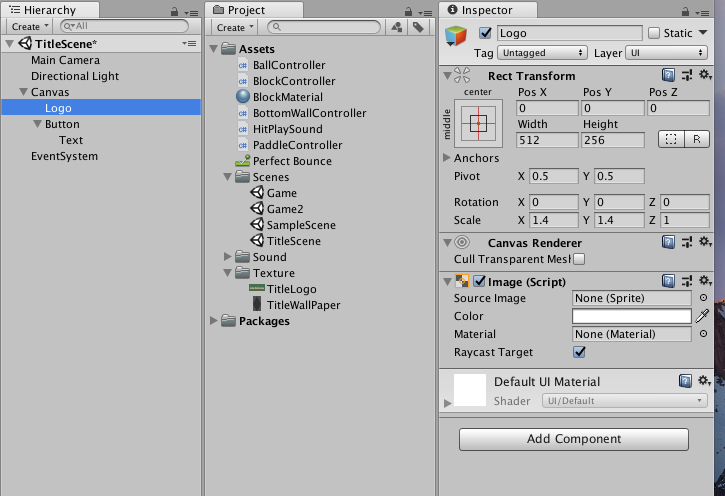 unityにてinspector内image(script)のSourceImageにTitleLogoのイメージをセットしたい