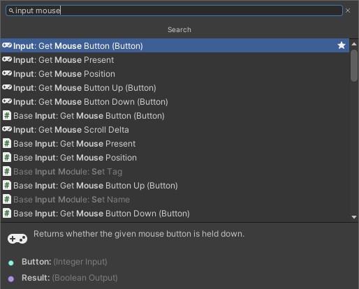 ビジュアルスクリプティングにおいて、Input SystemのInputControlのマウスの左ボタンユニットが検索候補に出てこない