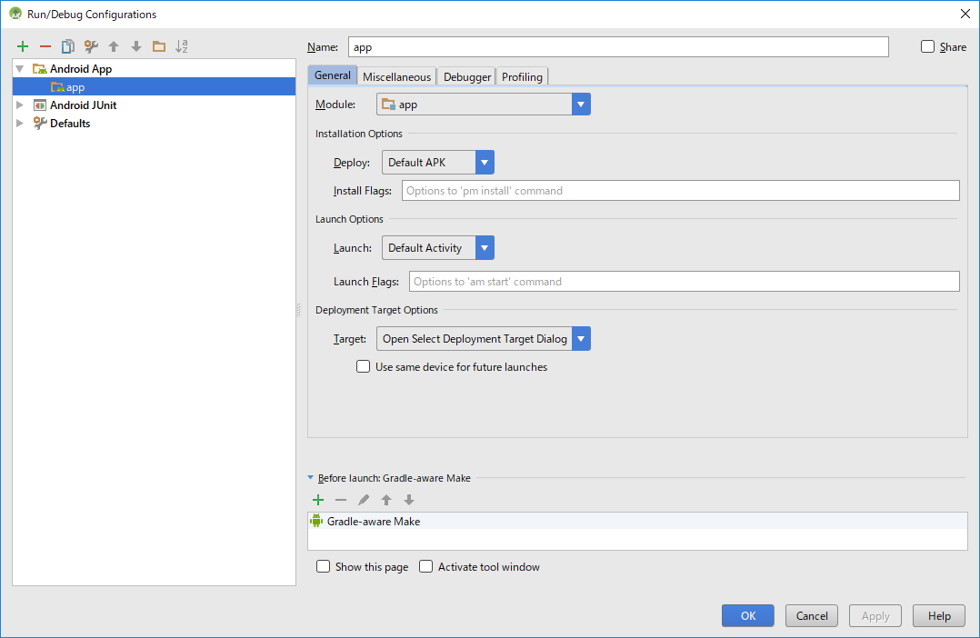 Android Studioで「Use same device for future launches」がチェックされていないにも関わらず同じ実機が起動する