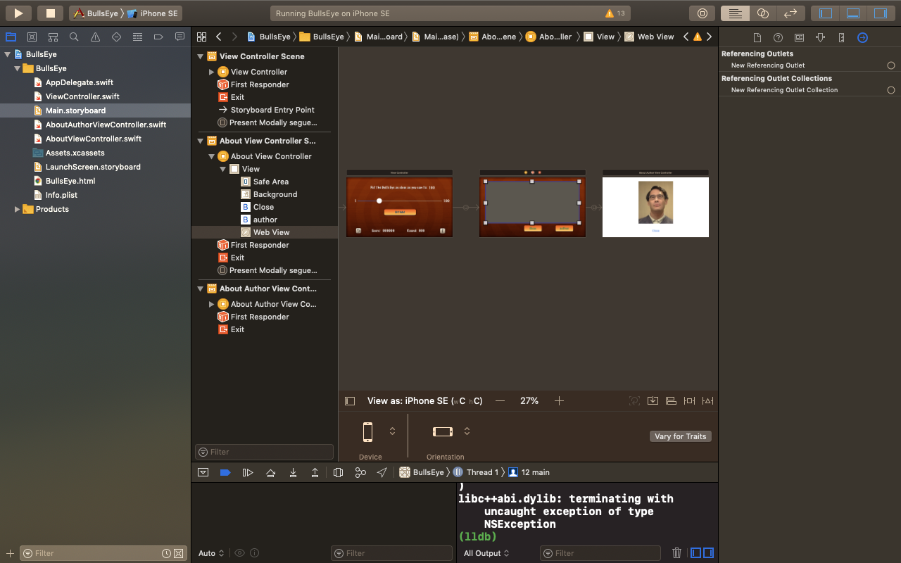 Swiftでterminating with uncaught exception of type NSExceptionというエラーが出た。
