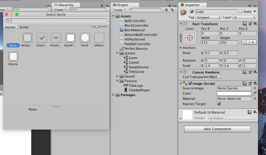 unityにてinspector内image(script)のSourceImageにTitleLogoのイメージをセットしたい