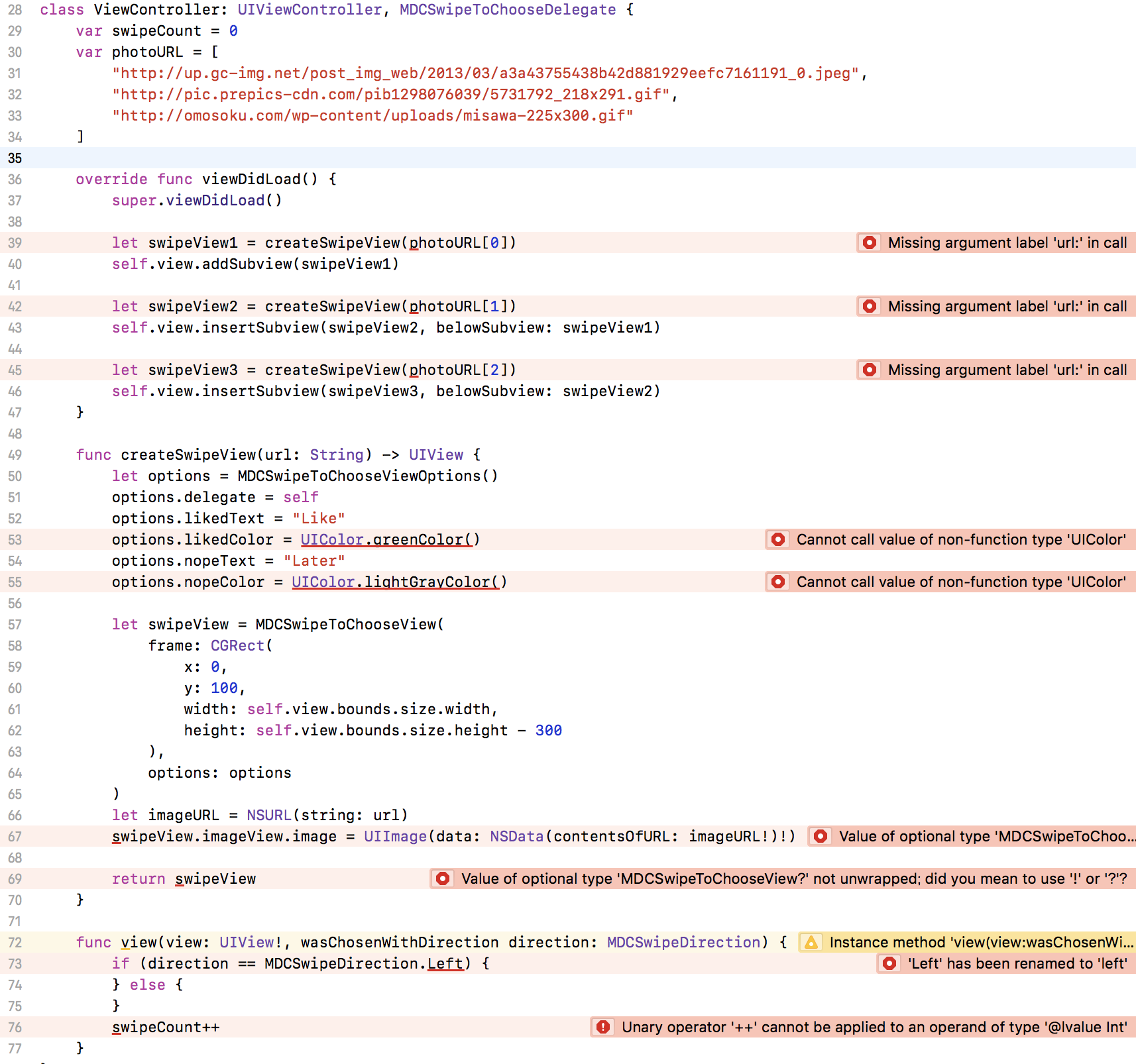 Swift Xcode MDCSwipeToChooseDelegateが宣言されていないと表示されてしまう | teratail